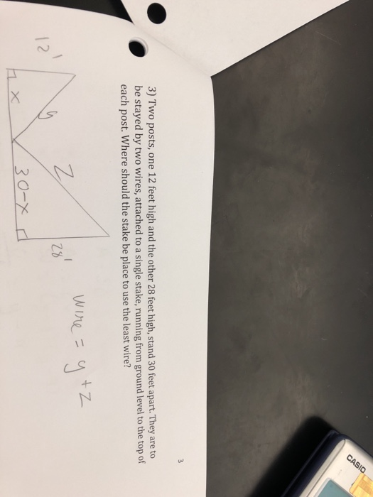 Solved 3) Two posts, one 12 feet high and the other 28 feet | Chegg.com