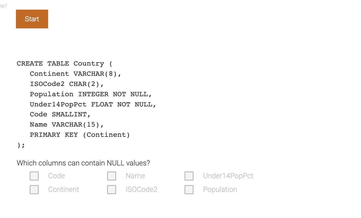 Solved CREATE TABLE Country ( Continent VARCHAR(8), ISOCode | Chegg.com