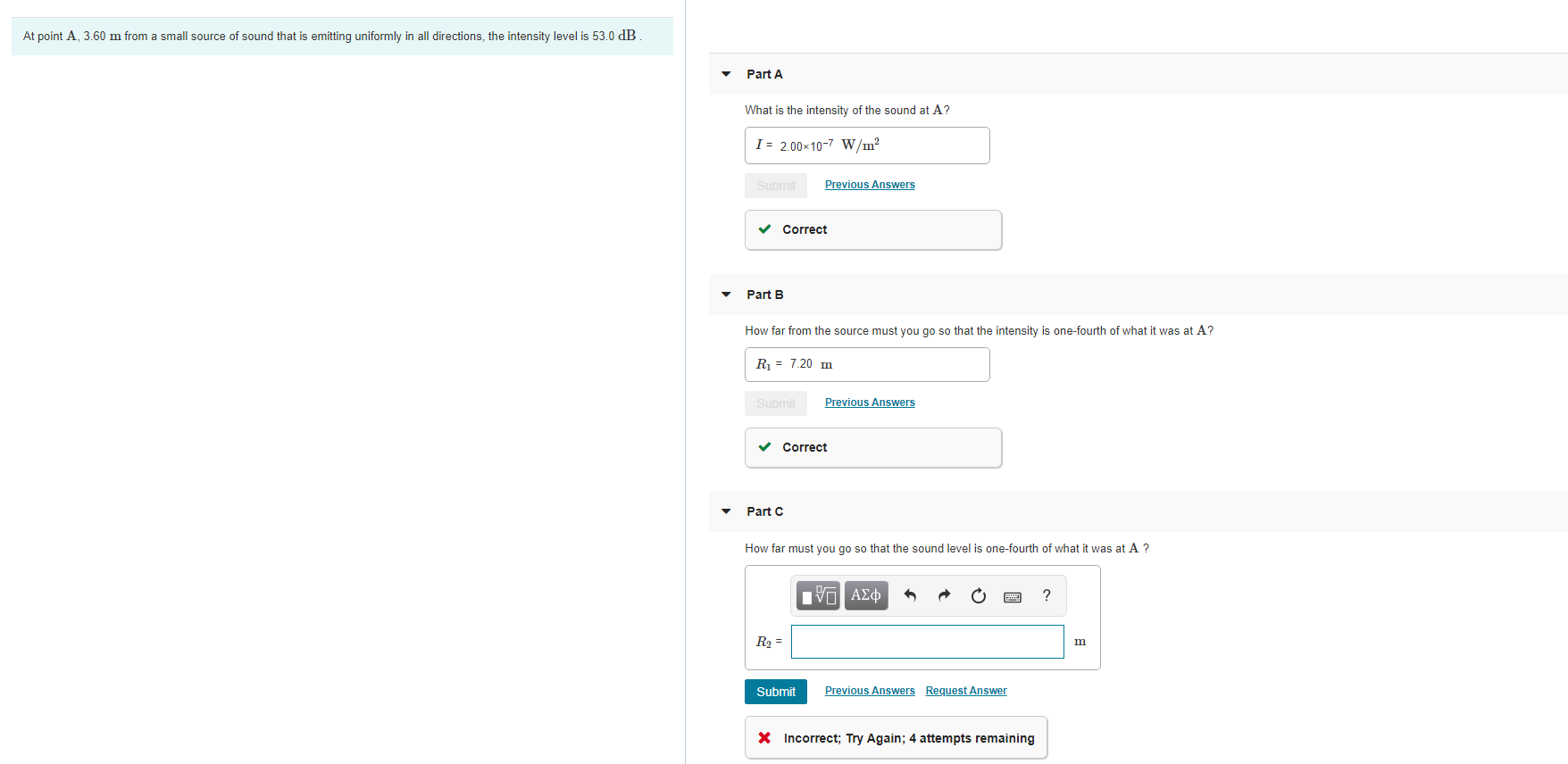 Solved At point A, 3.60 m from a small source of sound that | Chegg.com