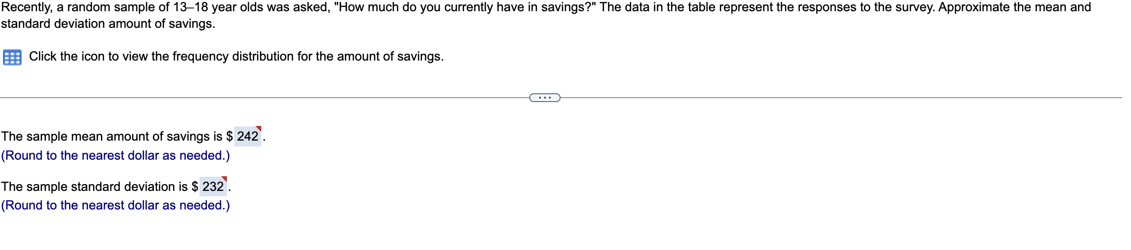 standard deviation amount of savings. Click the icon | Chegg.com