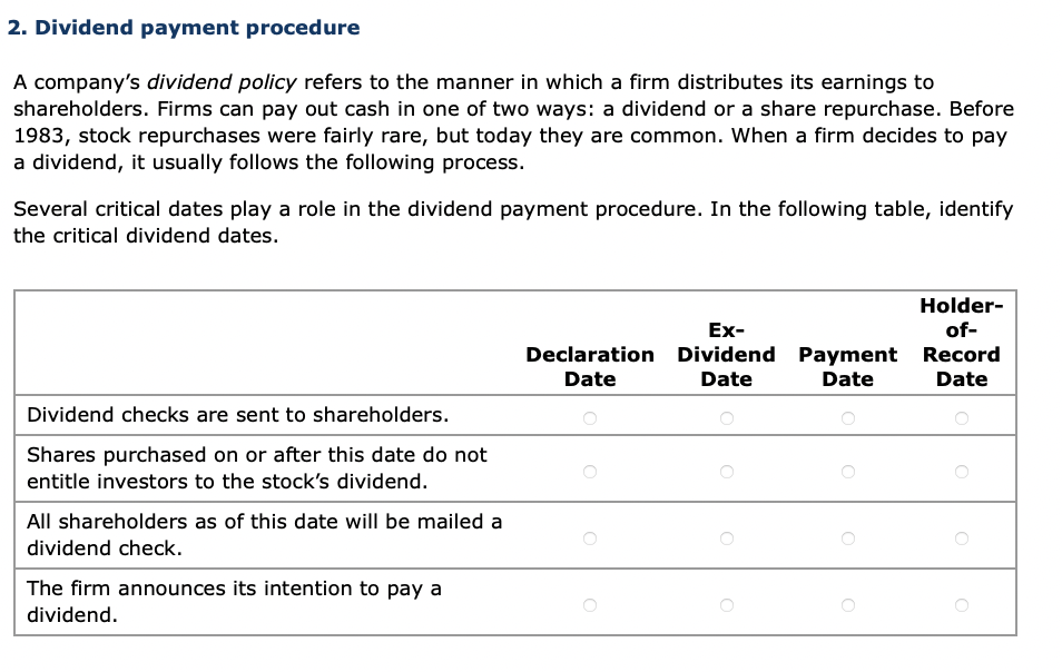 Solved 2. Dividend payment procedure A company's dividend | Chegg.com