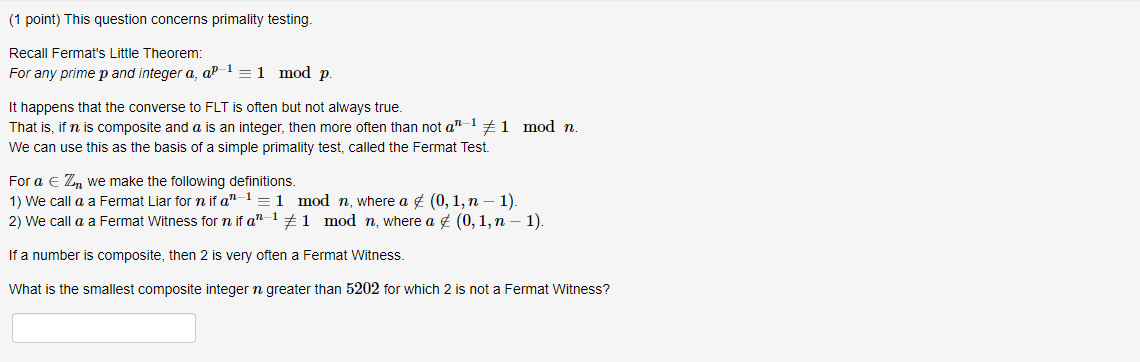 Solved (1 point) This question concerns primality testing. | Chegg.com