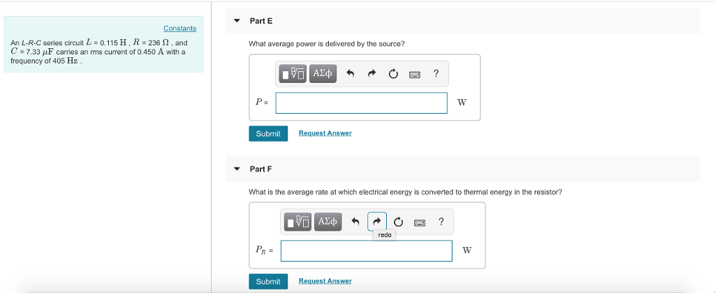 Solved Part A Constants An L-R-C series circuit L-0.115 H , | Chegg.com