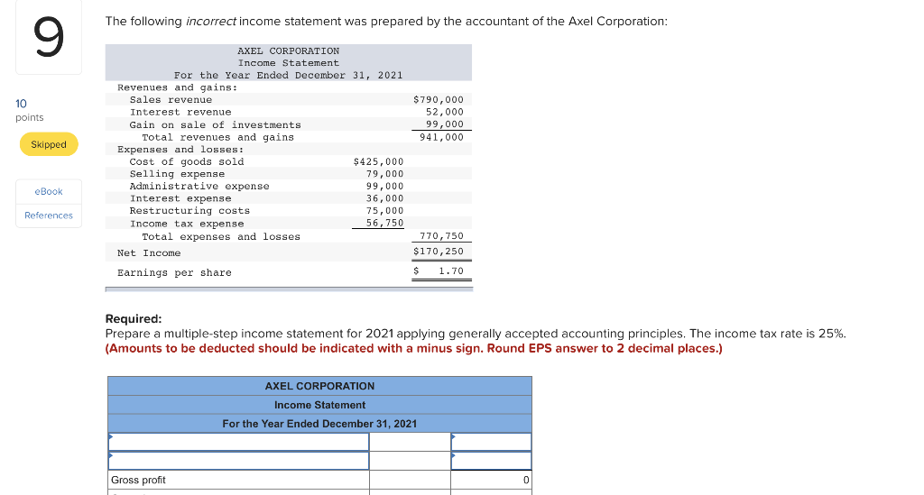 Solved The following incorrect income statement was prepared | Chegg.com
