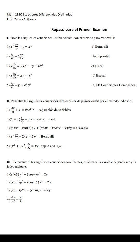 Math 2350 Ecuaciones Diferenciales Ordinarias Prof. | Chegg.com