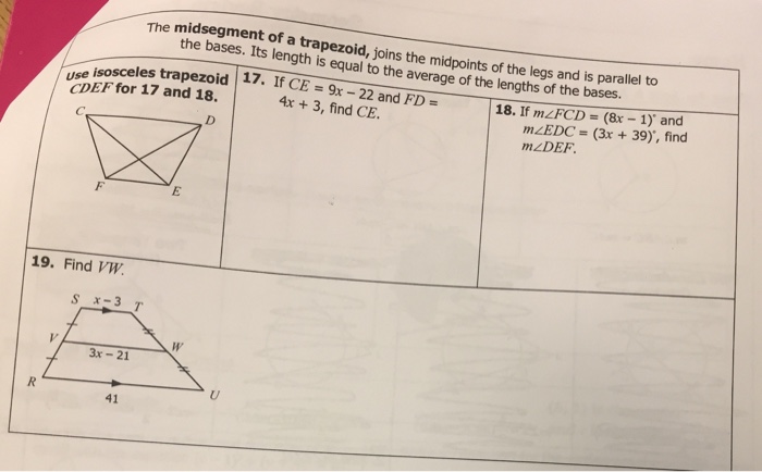 Solved The midsegment of a trapezoid, joins the midpoints of | Chegg.com