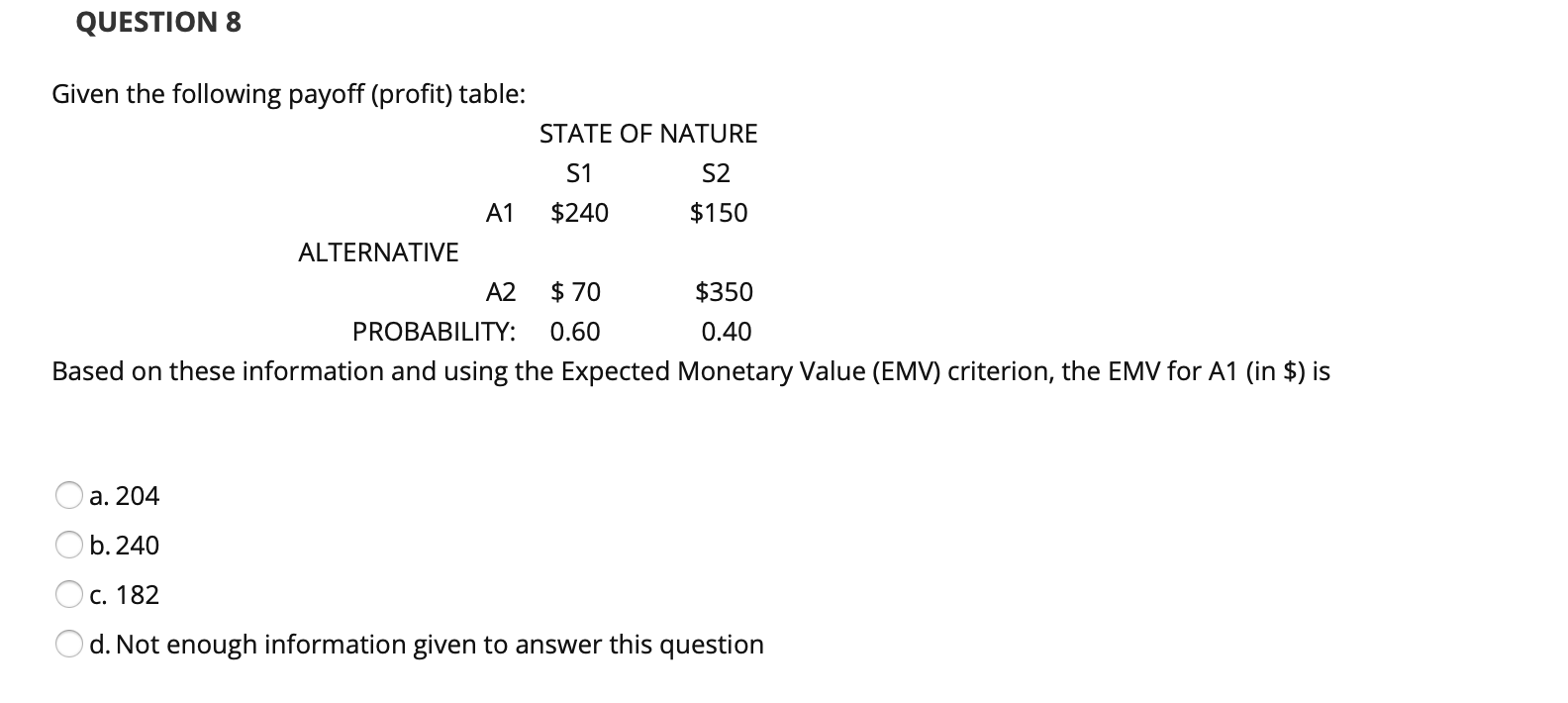Solved QUESTION 8 Given the following payoff (profit) table: | Chegg.com
