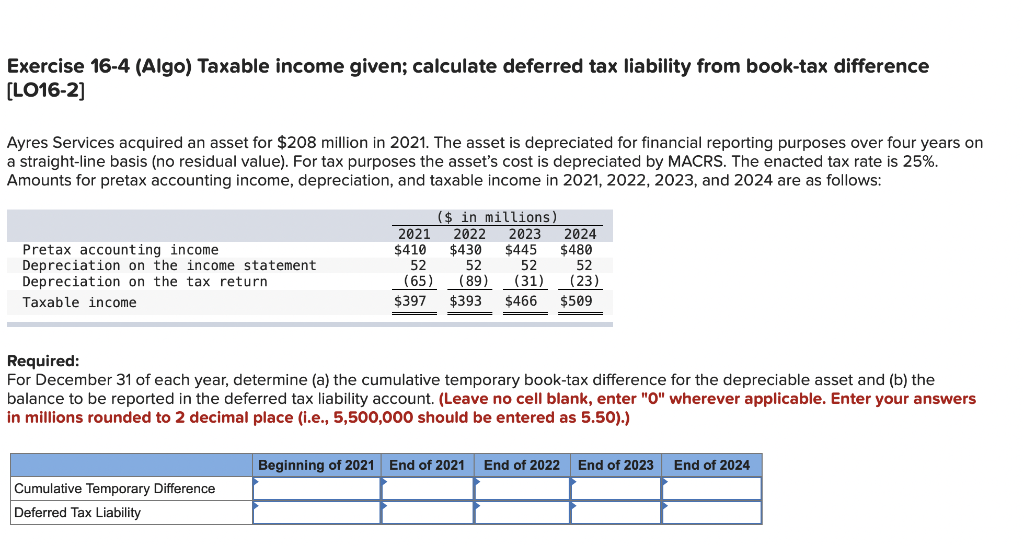 Solved Exercise 16-4 (Algo) Taxable income given; calculate | Chegg.com