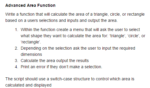 Solved Advanced Area Function Write a function that will | Chegg.com