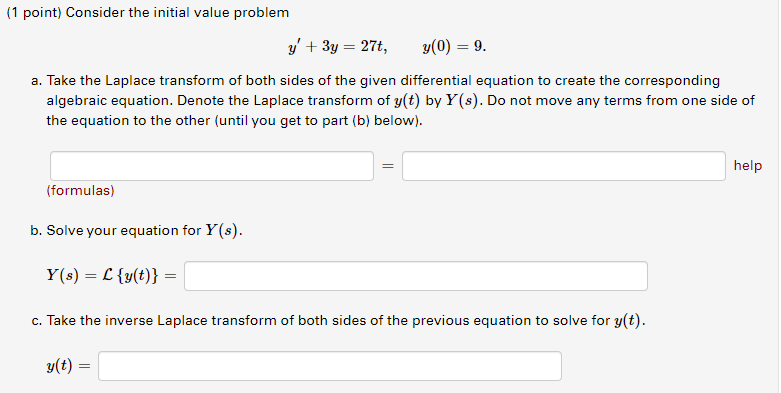 Solved (1 point) Consider the initial value problem y' + 3y | Chegg.com