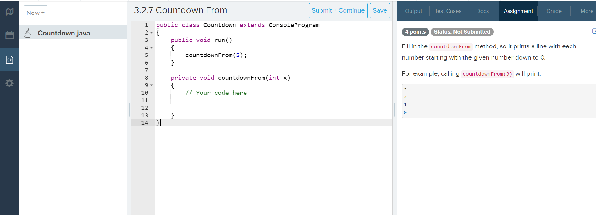 Solved New + 3.2.7 Countdown From Submit + Continue Save | Chegg.com