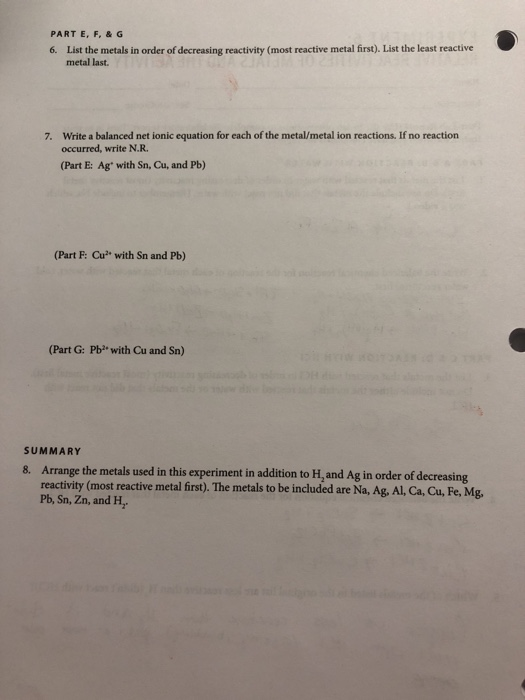 Solved PART E, F, &G List the metals in order of decreasing | Chegg.com