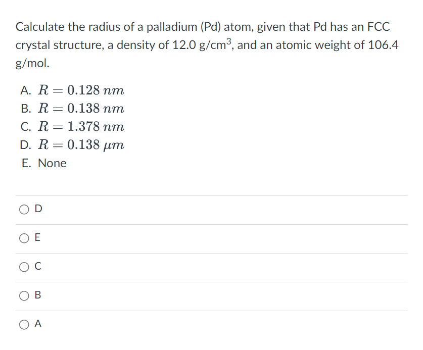 Solved Calculate the radius of a palladium (Pd) atom, given | Chegg.com