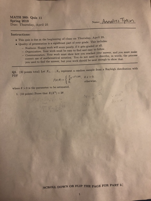 Solved MATH 360: Quiz 11 Spring 2019 Due: Thursday, April 25 | Chegg.com