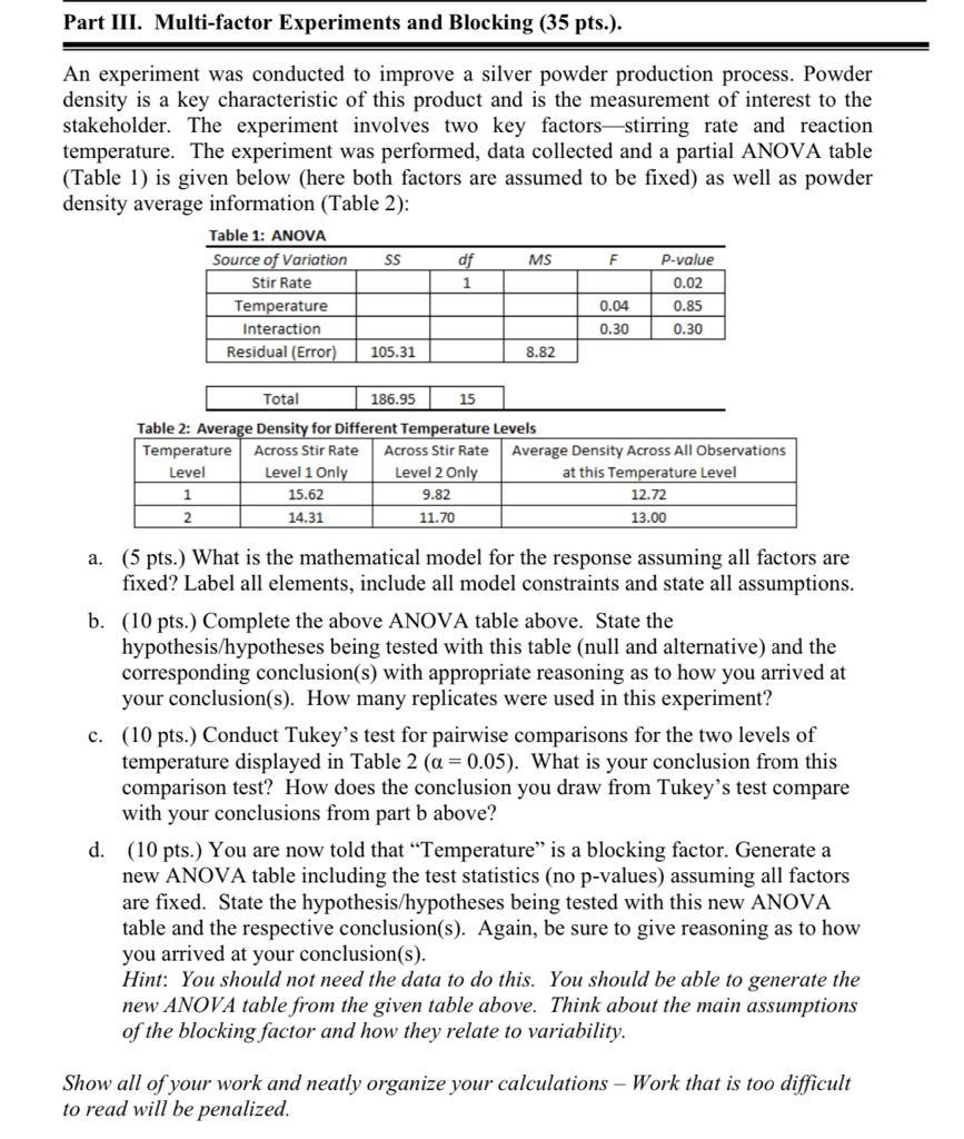 Part III. Multi-factor Experiments and Blocking (35 | Chegg.com