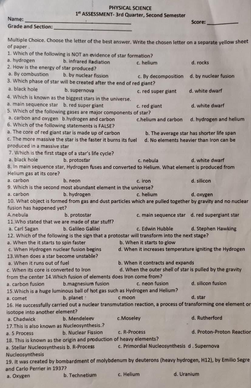 Solved PHYSICAL SCIENCE 1" ASSESSMENT-3rd Quarter, Second | Chegg.com