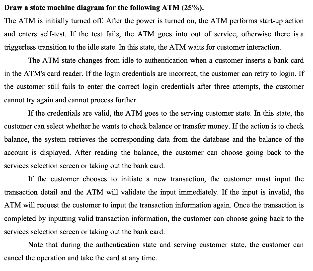 Solved Draw a state machine diagram for the following ATM | Chegg.com