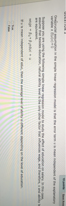 Solved One crucial assumption in the simple linear | Chegg.com