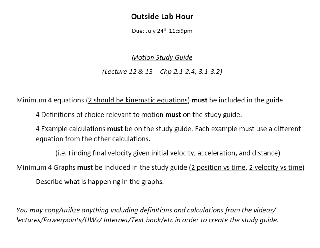 Solved Outside Lab Hour Due: July 24th 11:59pm Motion Study | Chegg.com