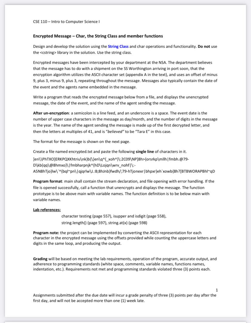 Solved CSE 110 - Intro to Computer Science Encrypted Message | Chegg.com