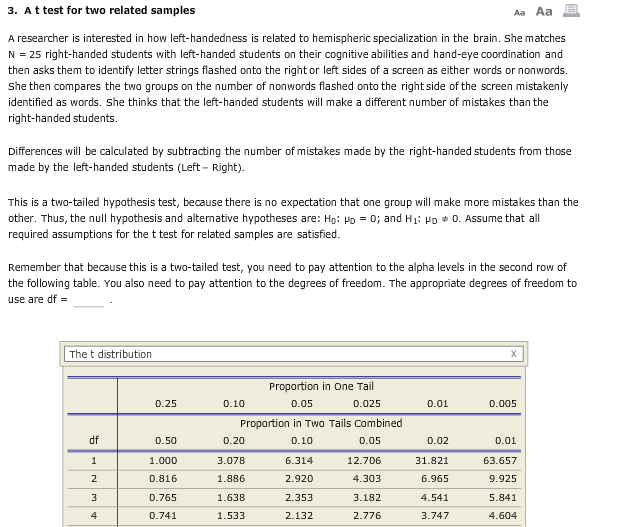 Solved 3. At test for two related samples Aa Aa A researcher | Chegg.com