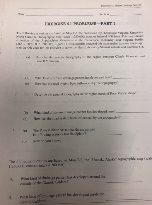 Solved EXERCISE 41: Stream Drainage Patterns Name Section | Chegg.com