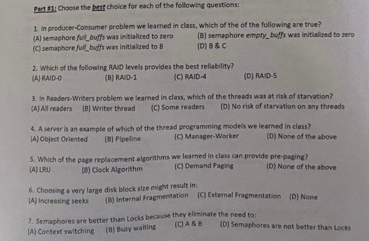 Solved Part #1: Choose the best choice for each of the | Chegg.com