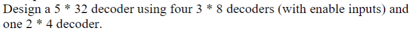 Solved Design a 5∗32 decoder using four 3∗8 decoders (with | Chegg.com