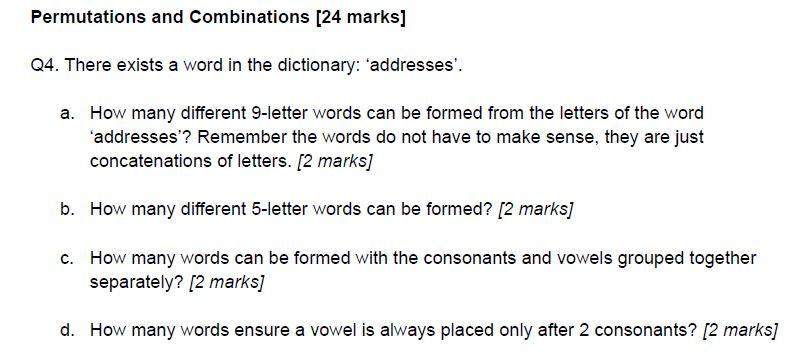 Solved Permutations And Combinations 24 Marks Q4 There Chegg