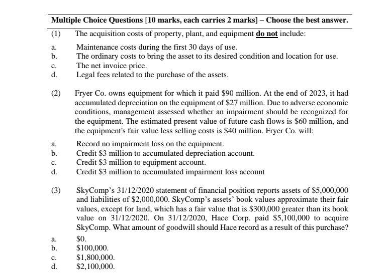 Solved a. c. Multiple Choice Questions [10 marks, each | Chegg.com