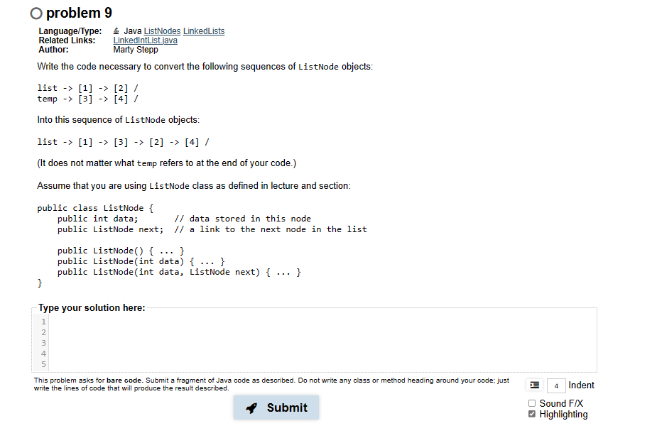 Solved problem y Language/Type: Java ListNodes LinkedLists | Chegg.com