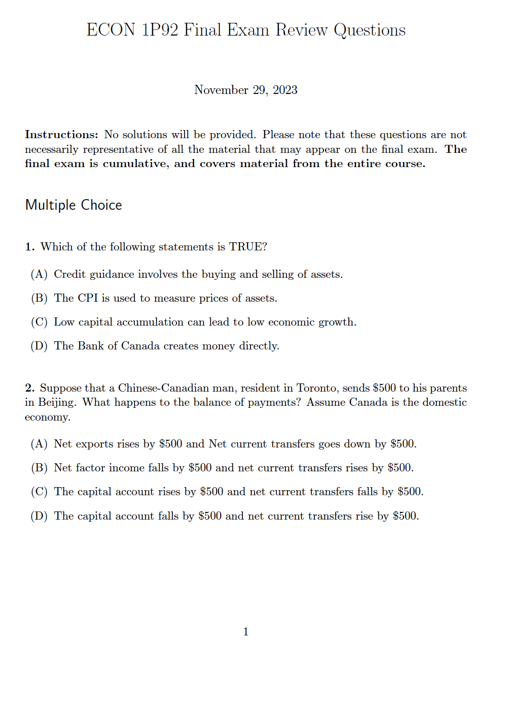 Solved ECON 1P92 Final Exam Review Questions November 29, | Chegg.com