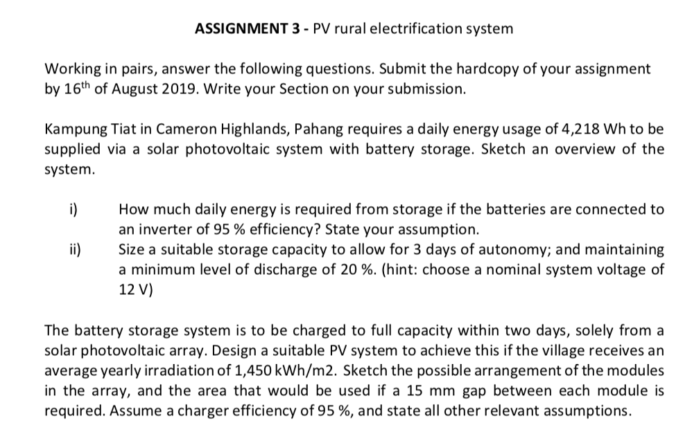 ASSIGNMENT 3 - PV rural electrification system | Chegg.com