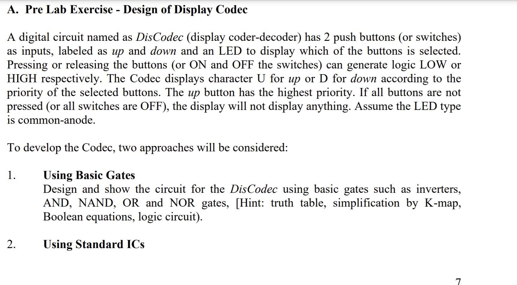 Solved A. Pre Lab Exercise - Design of Display Codec A | Chegg.com