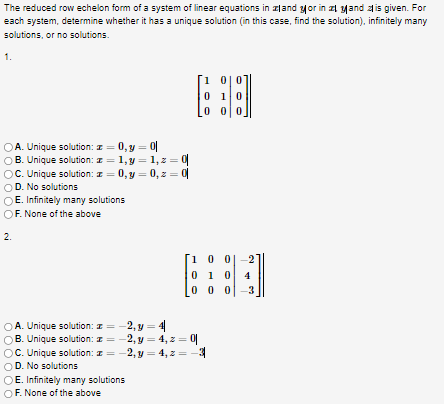 Solved The reduced row echelon form of a system of linear | Chegg.com