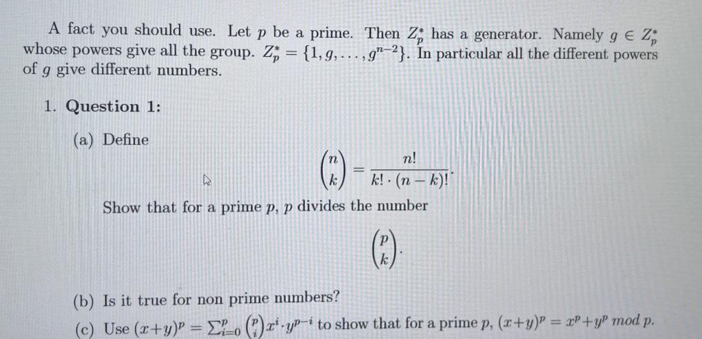 Solved A fact you should use. Let p be a prime. Then Zp∗ has | Chegg.com