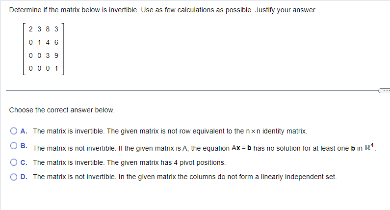 Solved Determine if the matrix below is invertible. Use as | Chegg.com