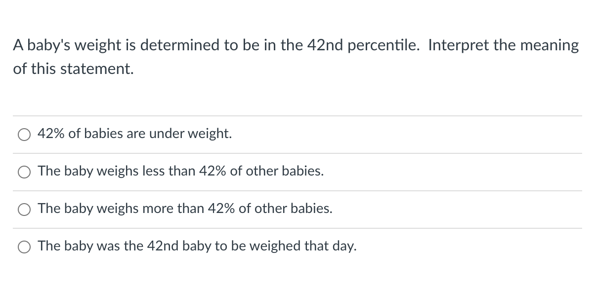 Solved A baby's weight is determined to be in the 42nd | Chegg.com