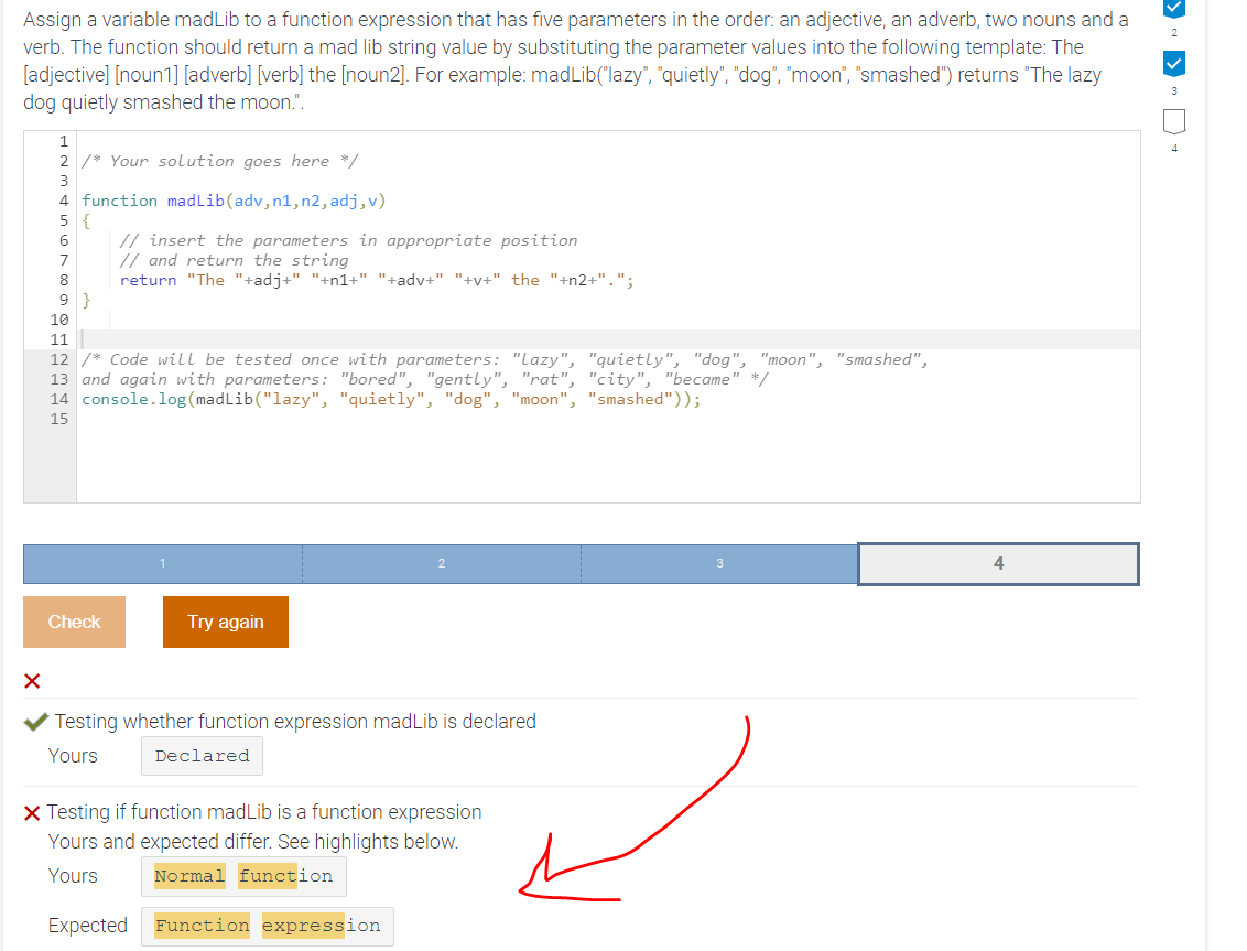 Solved 2 Assign a variable madLib to a function expression | Chegg.com