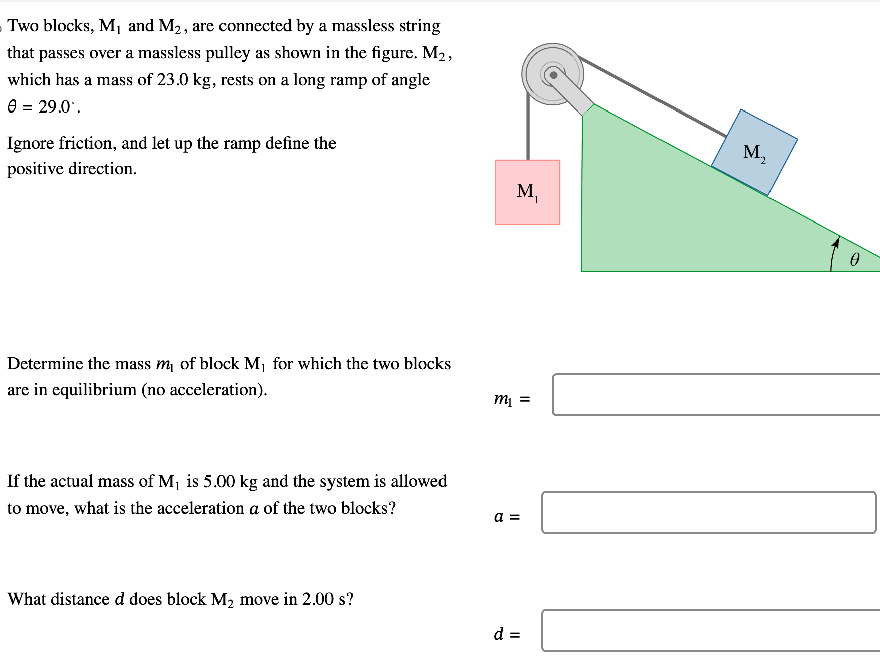 Solved Two blocks, M1 and M2, are connected by a massless | Chegg.com