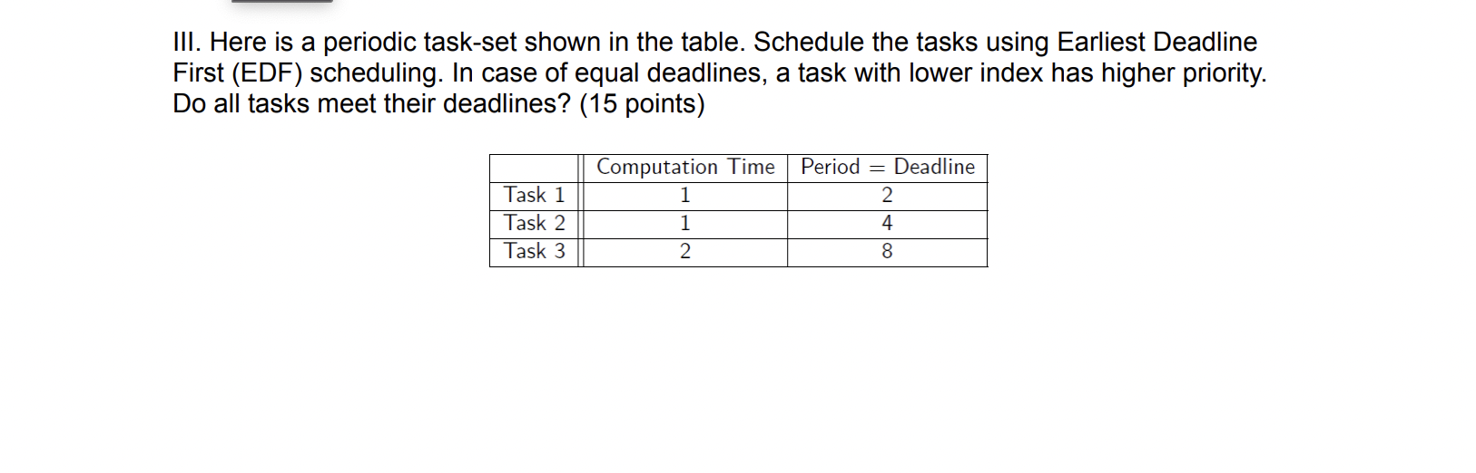 Solved III. Here is a periodic task-set shown in the table. | Chegg.com