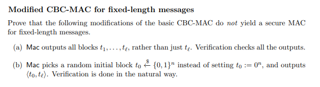 Modified CBC-MAC for fixed-length messages Prove that | Chegg.com