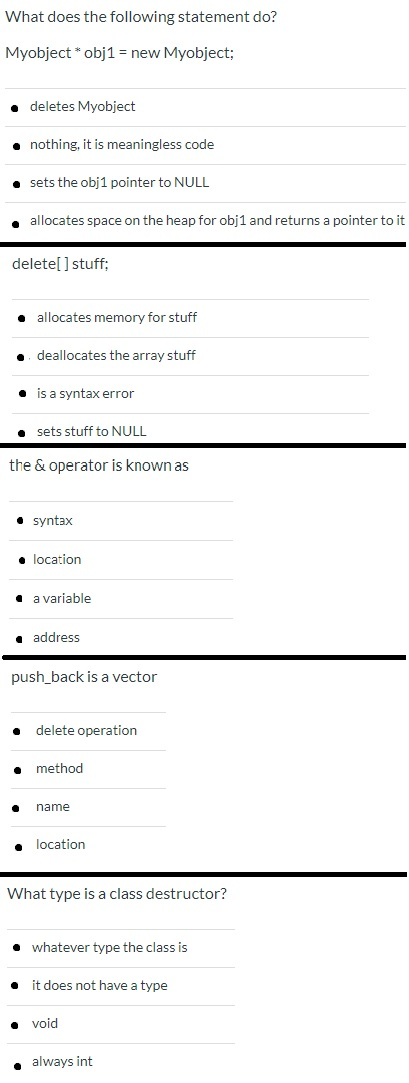Solved What does the following statement do? Myobject * obj1 | Chegg.com