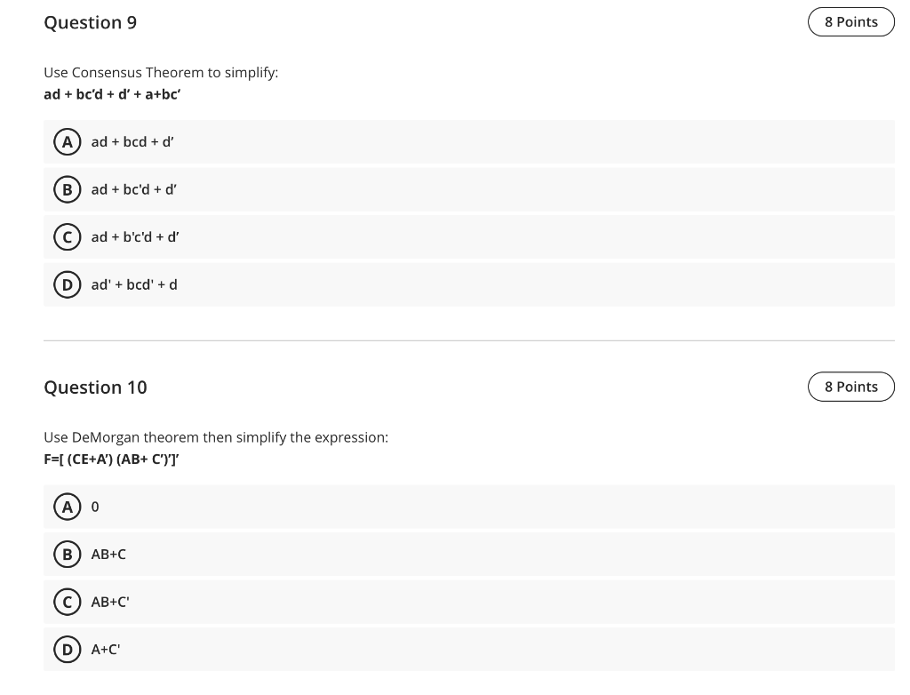 Solved Question 9 8 Points Use Consensus Theorem to | Chegg.com