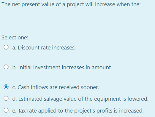 Solved The net present value of a project will increase when | Chegg.com