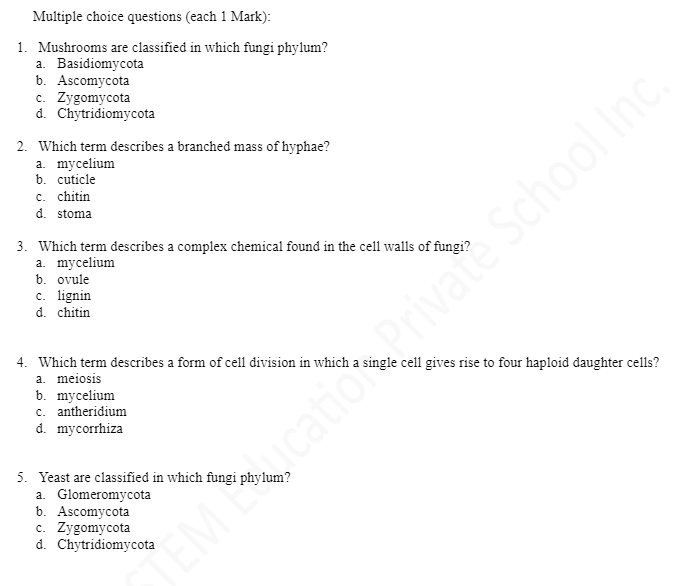 Solved Multiple choice questions (each 1 ﻿Mark):Mushrooms | Chegg.com