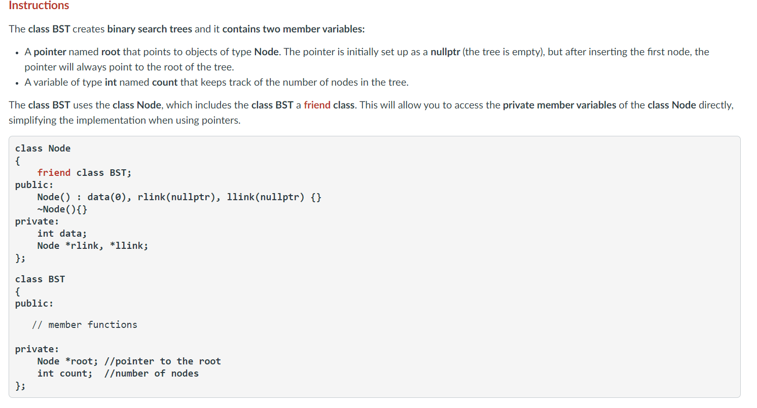 Solved Instructions The class BST creates binary search | Chegg.com