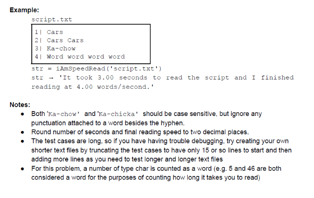 Function Name: iAmSpeedRead Inputs: 1. (char) The | Chegg.com