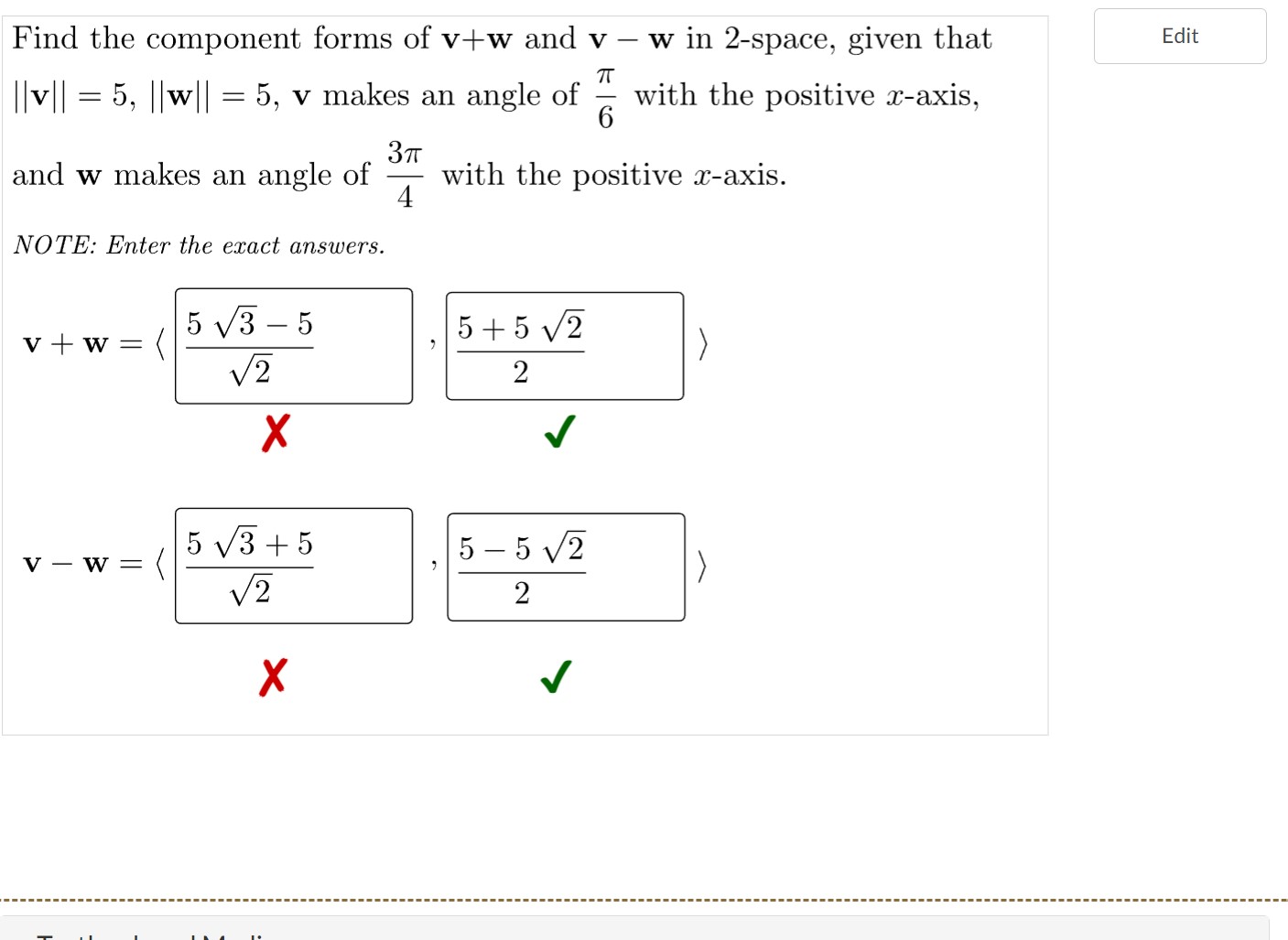 Solved Find the component forms of v+w and v−w in 2 -space, | Chegg.com