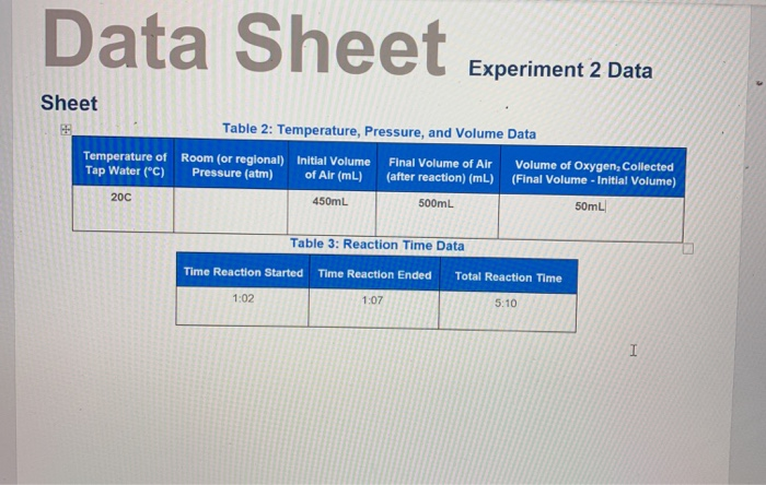 Experiment 2 Data Sheet Table 2: Temperature, | Chegg.com